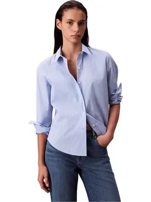 Calvin Klein Cotton Poplin Stretch Relaxed Button-Down Shirt Moderate Blue