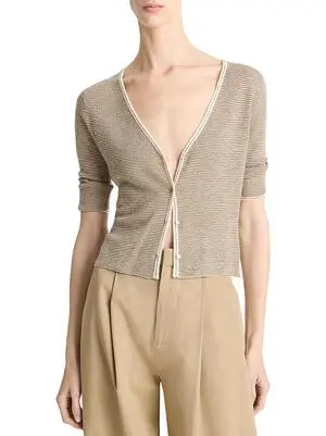 Vince Cashmere Silk Microstripe Cardigan - Off White/coastal