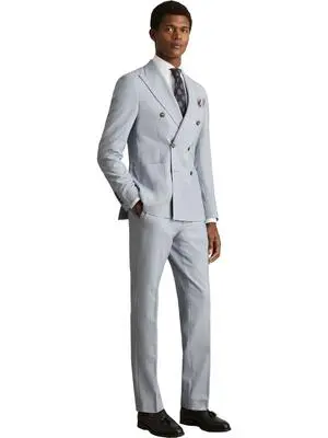 REISS Db Belmont Db Double-breasted Textured Suit Blazer With Wool Slim-fit - Soft Blue