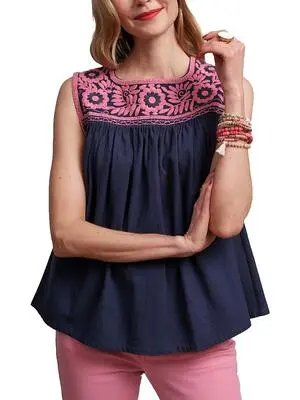 FRANCES VALENTINE Jess Floral Embroidered Top Navy/pink