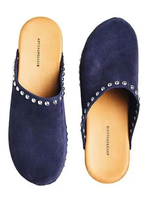 Anthropologie Studded Wood-Bottom Clogs Blue Suede