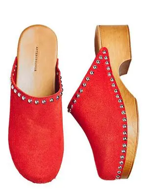 Anthropologie Studded Wood-bottom Clogs - Red Suede