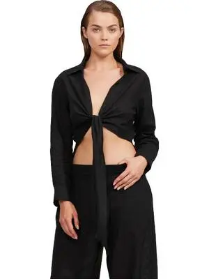 LUMA GOTTEX High-low Collared Front Tie Blouse Cover Up - Black