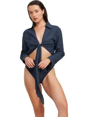 LUMA GOTTEX High-low Collared Front Tie Blouse Cover Up - Midnight Blue