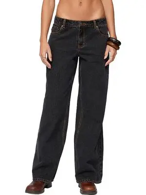 EDIKTED Contrast Stitch Low Rise Wide Leg Jeans - Black-washed