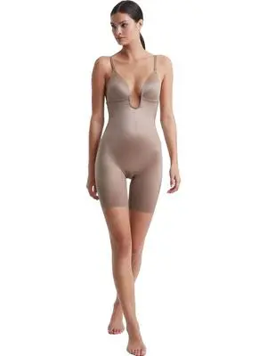 Spanx Shapewear Firming Plunge Low-back Mid-thigh Bodysuit - Cafe Au Lait
