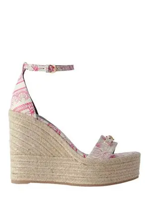 Versace Embellished Printed Leather Espadrille Wedge Sandals - Pink