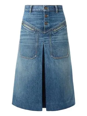 Chloé Pleated Paneled Denim Midi Skirt - Blue