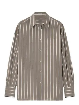 Brunello Cucinelli Bead-embellished Striped Cotton-blend Poplin Shirt - Brown