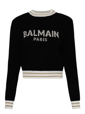 Balmain Logo Intarsia Knitted Cropped Jumper - Black