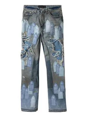 WHO DECIDES WAR BY EV BRAVADO Patched Arch Repaired Blowout Denim Pants - Blue