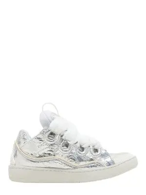 LANVIN Curb Crinkled Metallic Leather Sneakers Silver