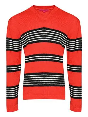THE ELDER STATESMAN Nora Rollie Stripe V-neck Top - Red
