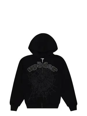SP5DER Sp5der X Young Thug Rhinestone Zip-Up Hoodie Black