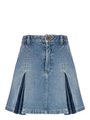 Balmain Pleated Denim Mini Skirt - Blue
