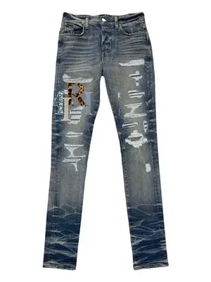 Amiri Leather Staggered Logo Jeans - Blue