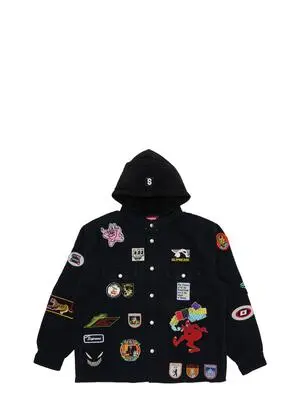 Supreme Patches Hooded Zip Up Shirt - Black