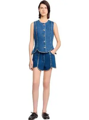 Sandro Rhinestone Embellished Denim Top - Blue