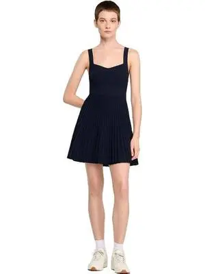 Sandro Mini Knit Dress With Straps And Pleated Skirt - Blue / Navy