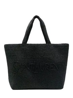 Saint Laurent Logo-embossed Raffia Tote Bag - Black
