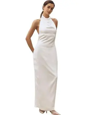 Bhldn High-Neck Satin Column Maxi Dress White