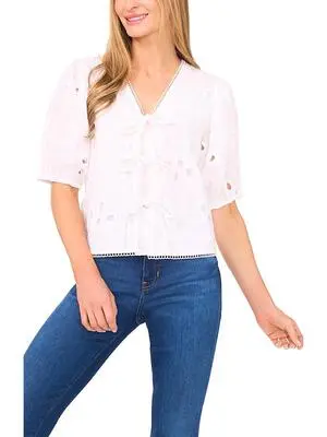 CECE DUPRAZ Embroidered Tie-Front Top Ultra White
