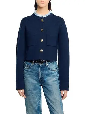 Sandro Ruffled Collar Cardigan - Navy Blue