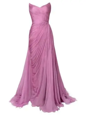 IRIS SERBAN Feather-trimmed Pleated Maxi Dress - Pink
