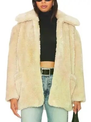 Free People Faux Fur Coat With Notched Collar - Neutrals