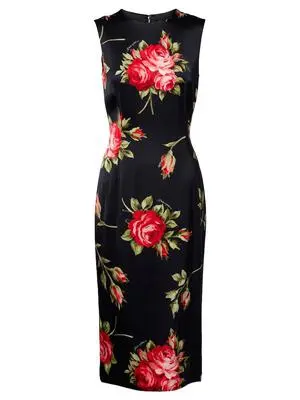 Dolce & Gabbana Floral Print Satin Midi Dress - Black
