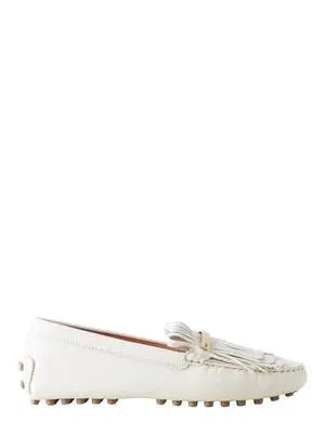 TOD'S Gommino Fringed Leather Loafers - Off-white