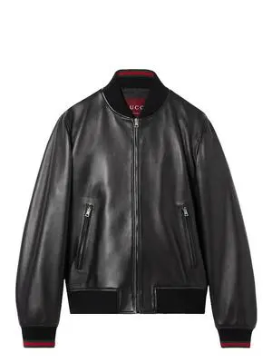 Gucci Leather Bomber Jacket With Web - Black