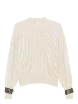 Brunello Cucinelli Ribbed Embellished-cuff Sweater - Neutrals
