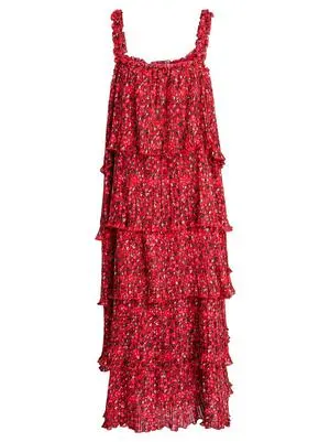 GANNI Floral-print Plissé Chiffon Midi Dress - Red