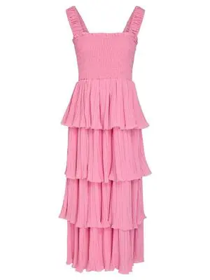 GANNI Tiered Plissé-chiffon Midi Dress - Pink