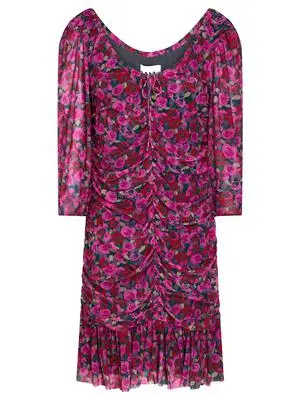 GANNI Ruched Floral-print Mini Dress - Magenta