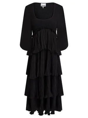 GANNI Tiered Plissé-georgette Midi Dress - Black
