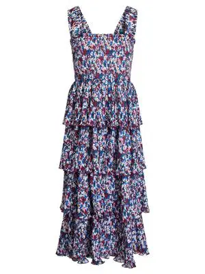 GANNI Tiered Printed Plissé-georgette Midi Dress - Multicolor