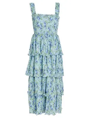 GANNI Floral-print Plissé Chiffon Midi Dress - Light Blue