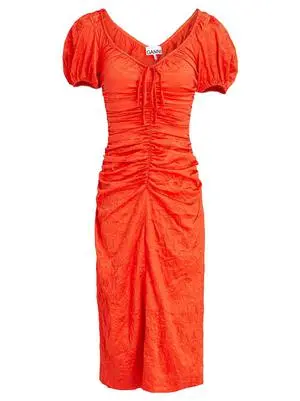 GANNI Ruched Crinkled Stretch-satin Midi Dress - Tomato Red