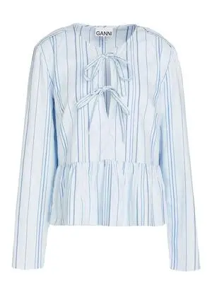 GANNI Striped Cotton-jacquard Top With Tie - Light Blue