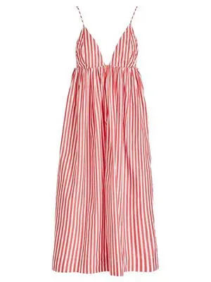 GANNI Striped Cotton-poplin Dress - Red