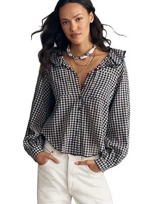 PILCRO Remy Ruffle-collar Buttondown Shirt - Blue Plaid