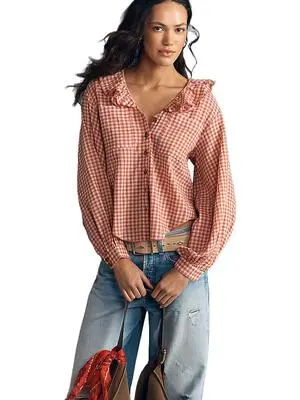PILCRO Remy Ruffle-collar Buttondown Shirt - Pink Plaid