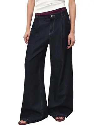 Mango Pleated Wide Leg Jeans Dark Blue