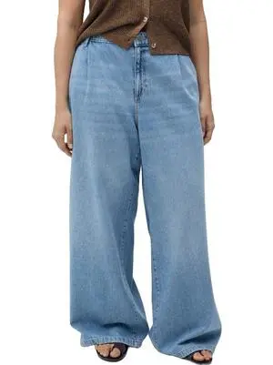 Mango Pleated Wide Leg Jeans Medium Blue