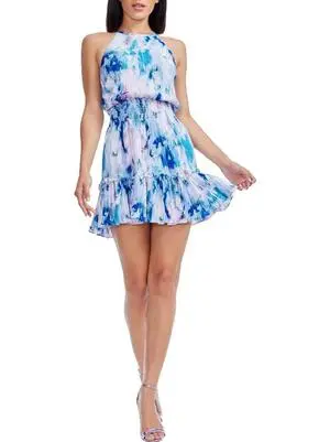 Dress The Population Kaylee Printed Fit & Flare Minidress - Pale Blue Multi
