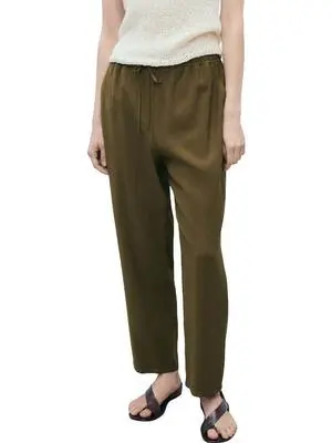 Mango Flowy Drawstring Pants Khaki Green