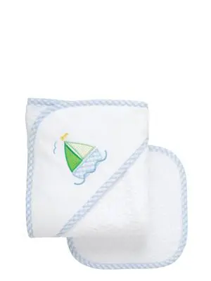 3 MARTHAS Applique Hooded Towel & Washcloth Set - Blue Sailboat