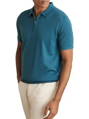 REISS Maxwell Quarter Zip Polo - Deep Teal Blue